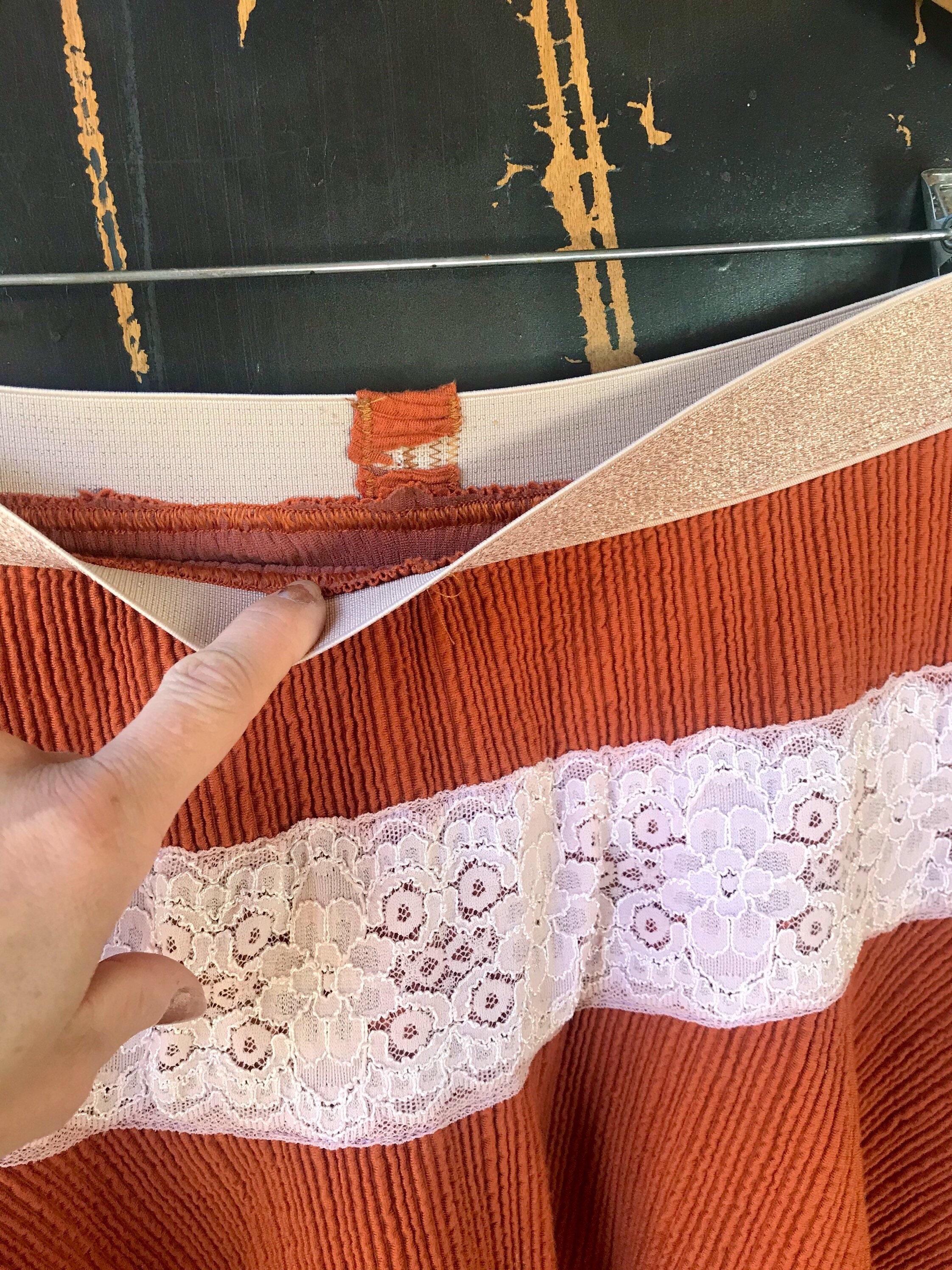 Vintage Burnt Orange Mini Skirt With Lace Detail Metallic Gold Sparkle ...