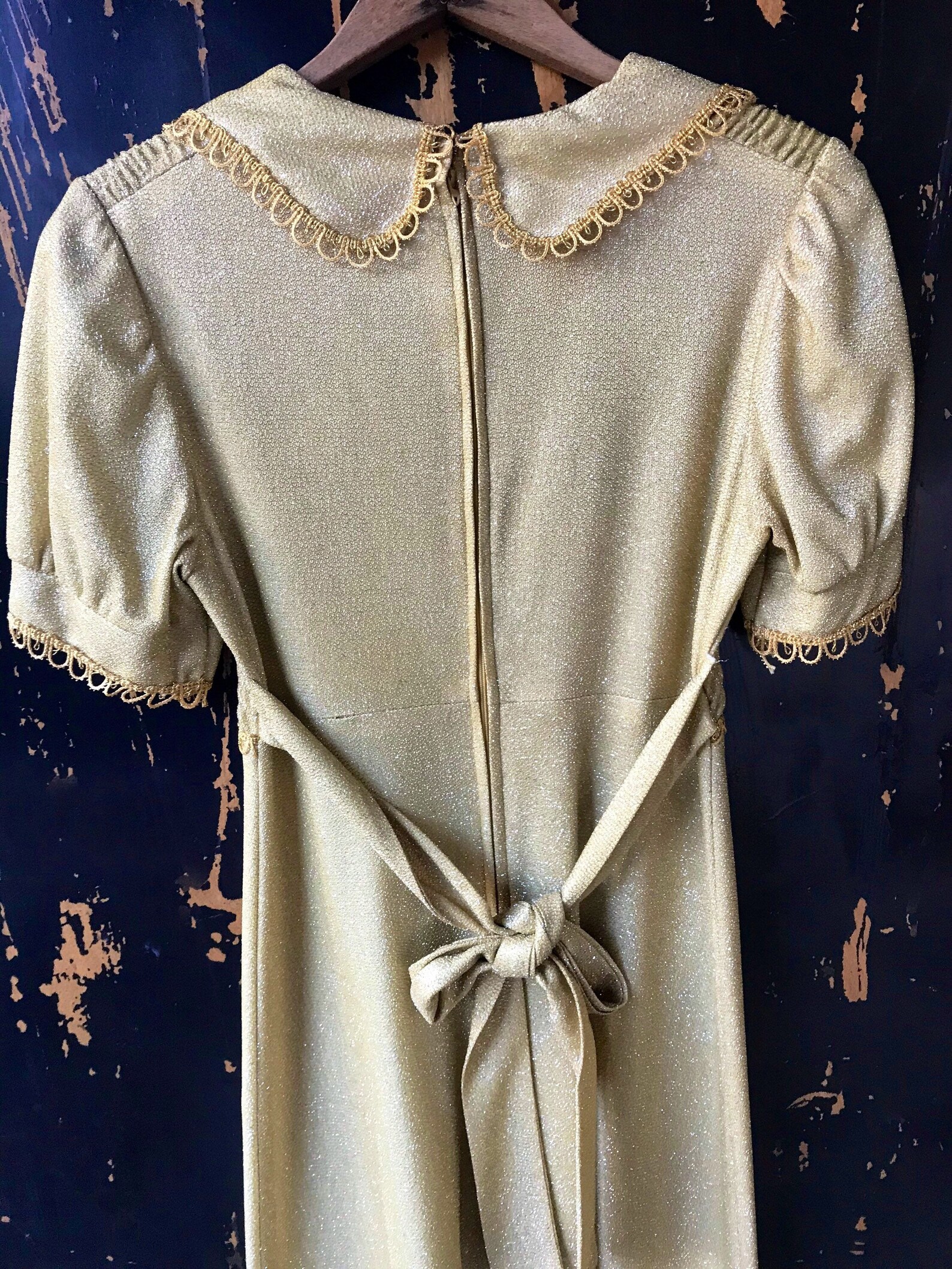 Vintage 70's Sparkling Metallic Gold Puff Shoulder Lace Collar Empire ...