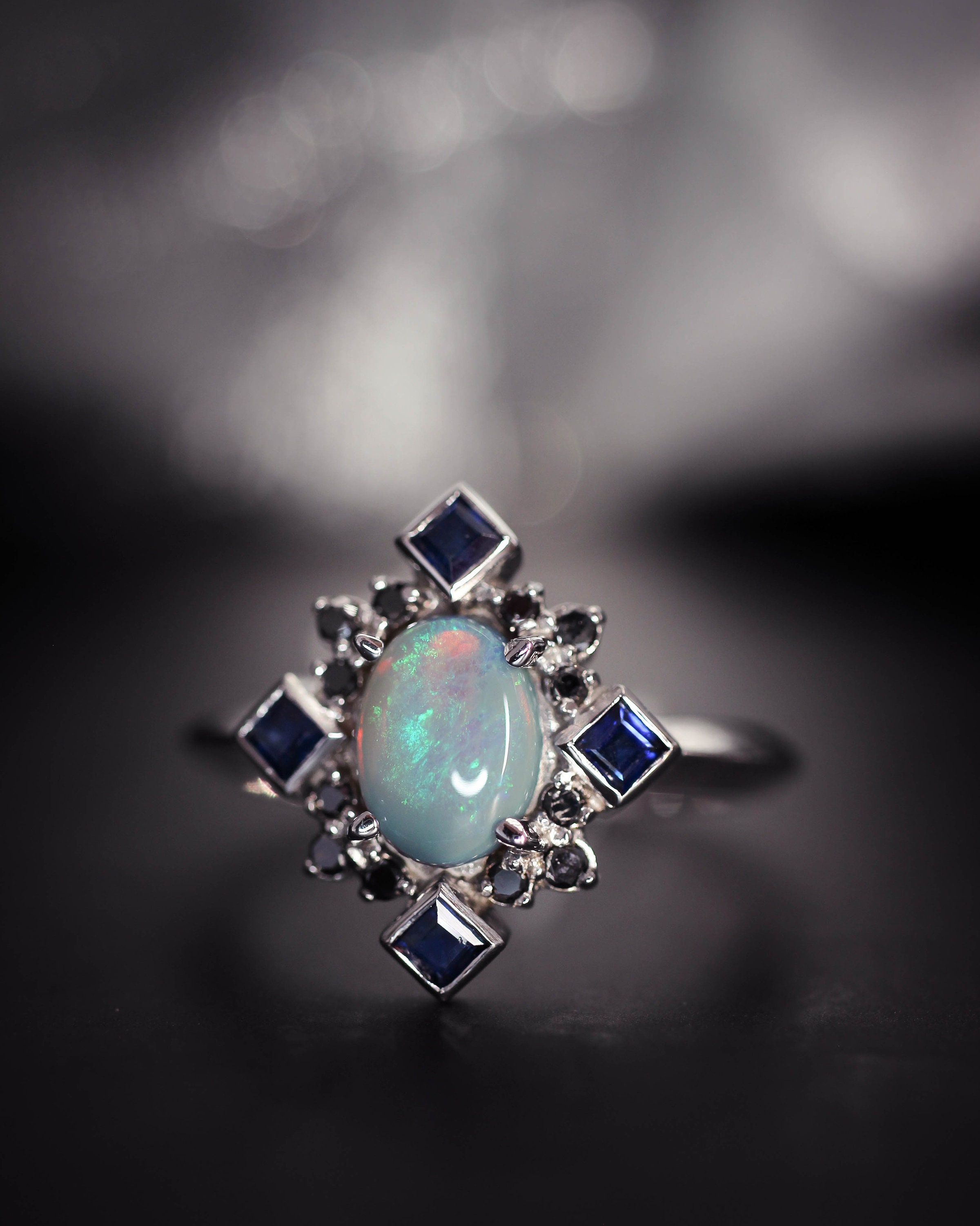Opal and sapphires ring cluster engagement ring oval opal | Etsy
