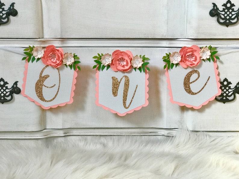 One Coral Floral Banner Bohemian Theme Birthday Decorations | Etsy