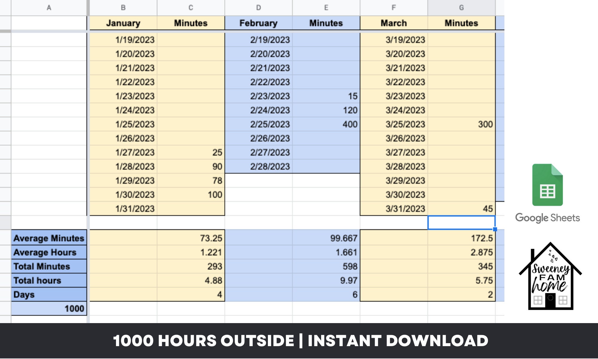 1000 Hours Google Sheet Tracker, Instant Download, 1000 Hours Outside ...