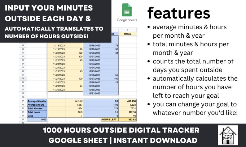 1000 Hours Google Sheet Tracker, Instant Download, 1000 Hours Outside ...