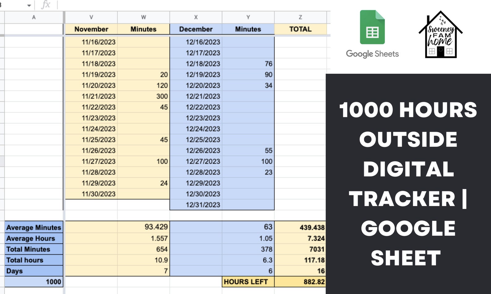 1000 Hours Google Sheet Tracker, Instant Download, 1000 Hours Outside ...