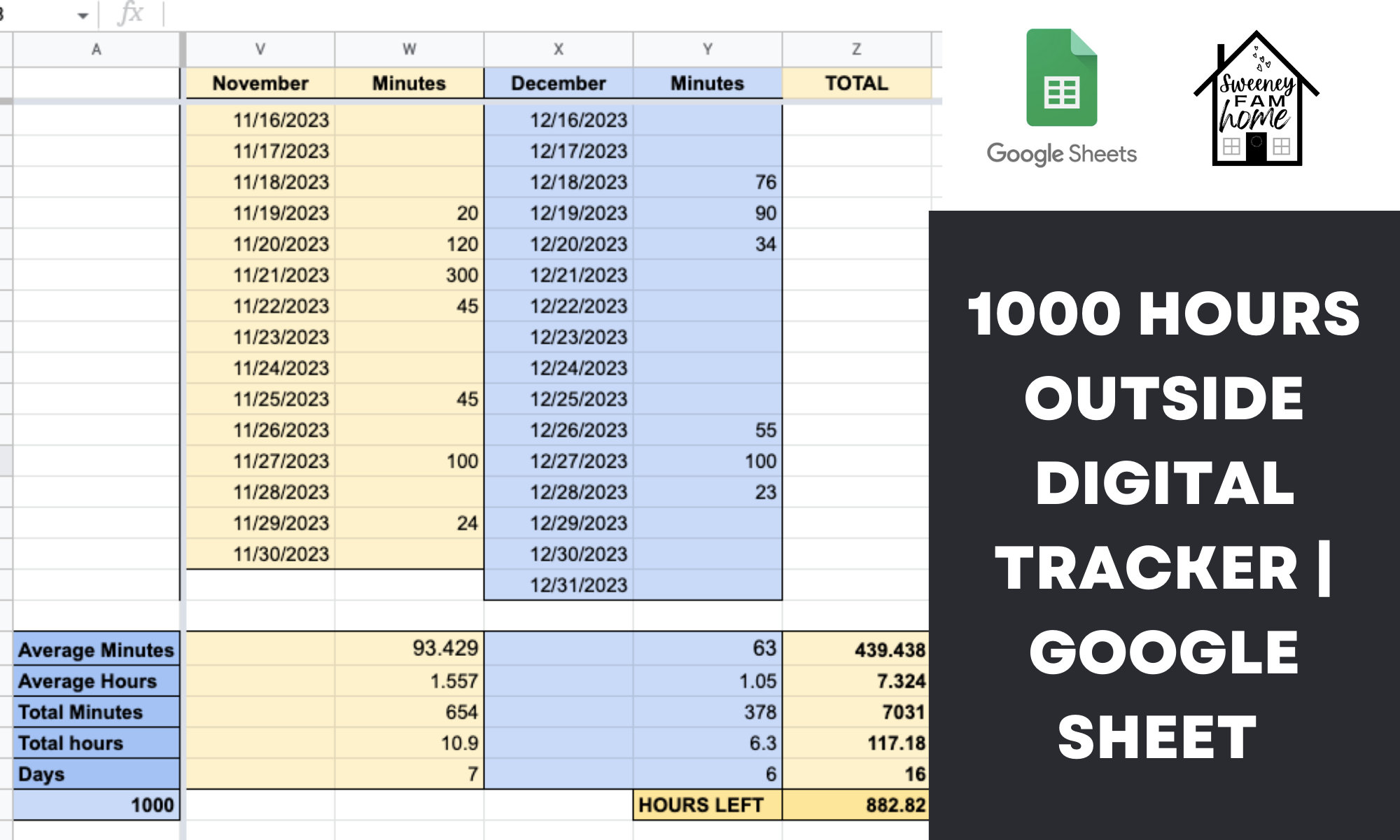 1000 Hours Google Sheet Tracker, Instant Download, 1000 Hours Outside ...
