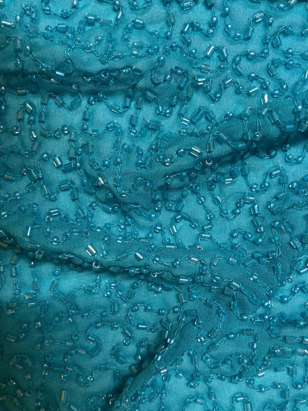 Turquoise Silk Chiffon Embroidery With Bugle and Round Beads, 100% Silk ...