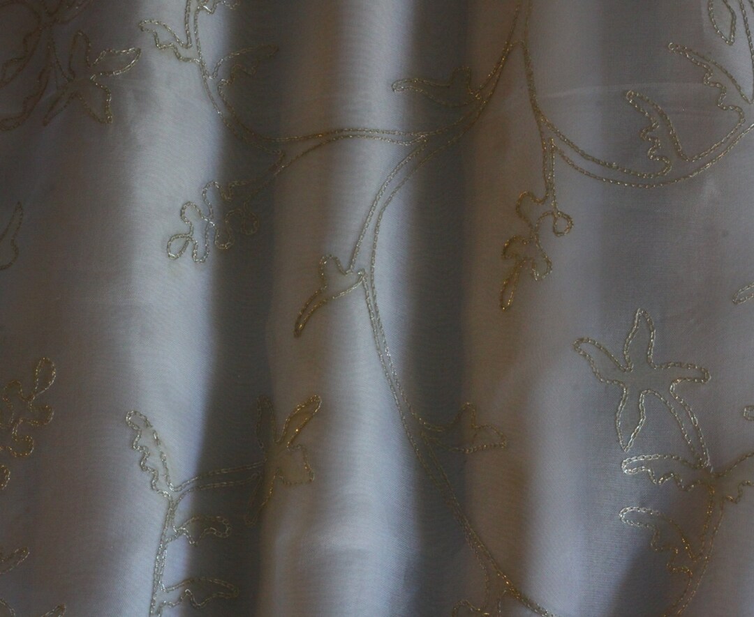 Silver Metallic Embroidery on White 100% Silk Organza Fabric 44" Wide ...
