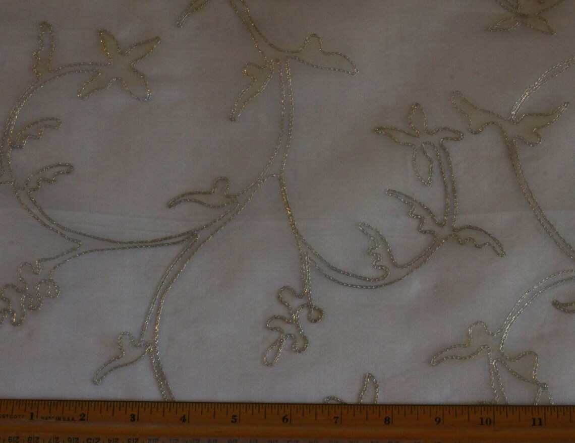 Silver Metallic Embroidery on White 100% Silk Organza Fabric | Etsy