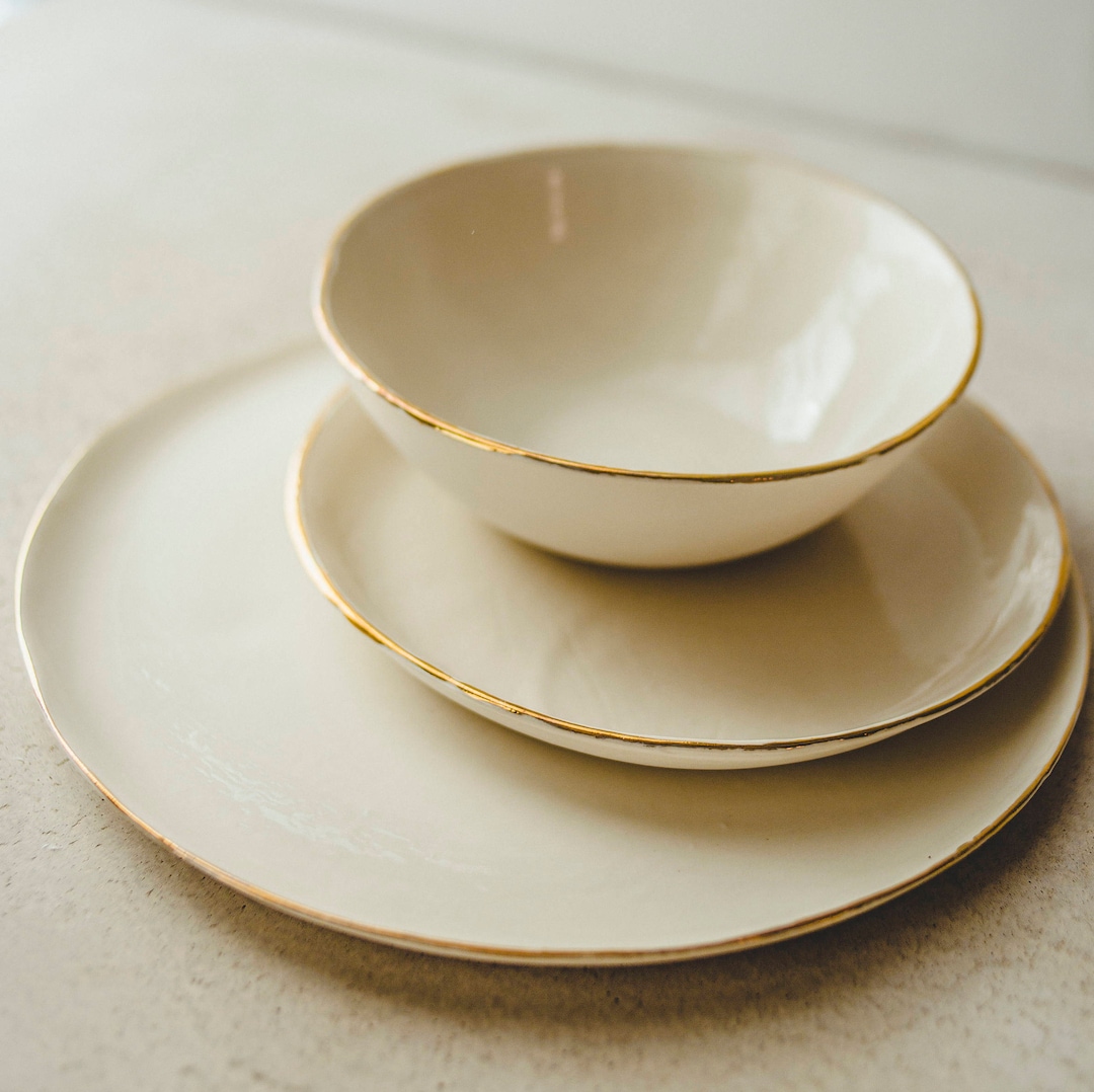 Handmade White Porcelain Dinnerware Set, Gold Rim Pottery, Modern Plate ...