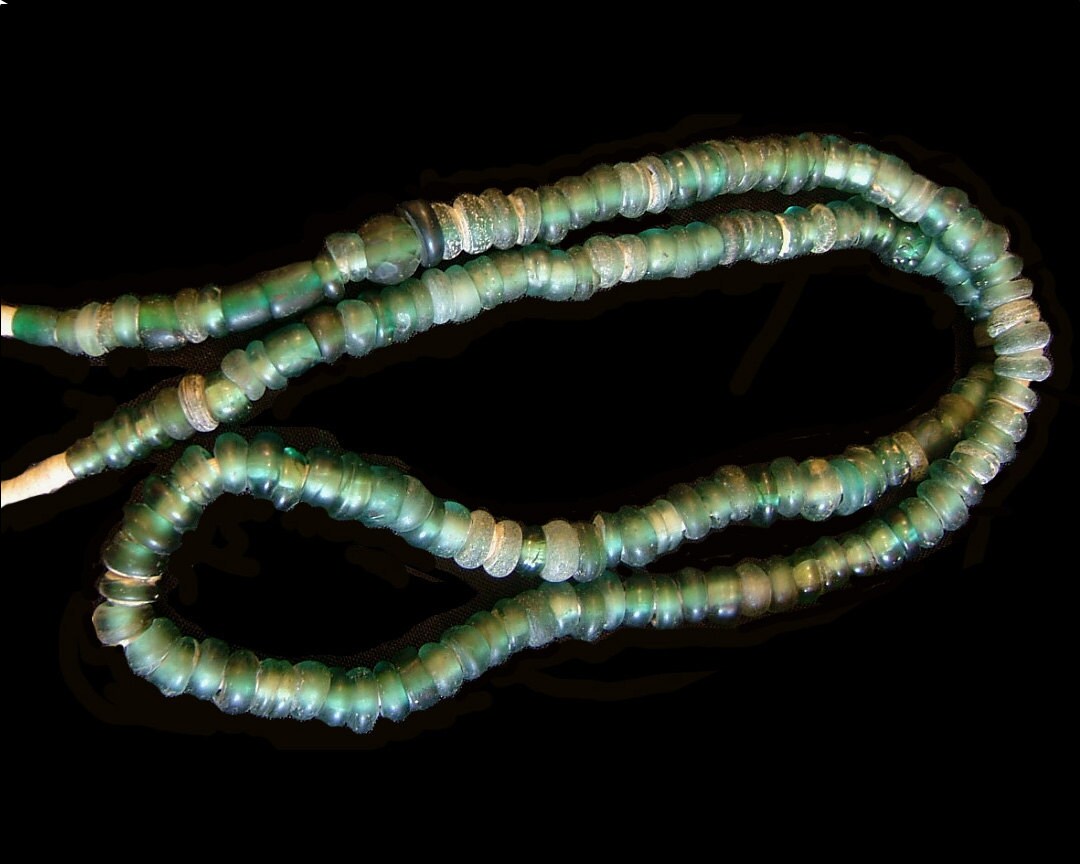 African Trade Dutch Donuts, Annular Teal Glass Beads, 33 Inches Long ...