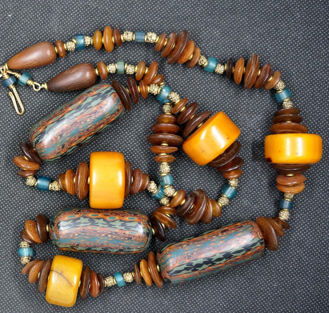 Necklace of Vintage Yoruba Gold Wash Granulated Beads, Glass, Copal and ...