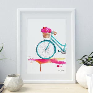Bicycle Flower Basket Illustration, Bicycle Wall Art, Bicycle Print ...