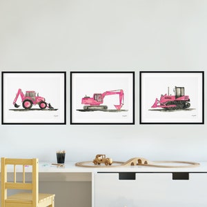 Set of 3 Pink Construction Vehicle Prints Kids Gallery Wall | Etsy
