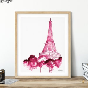 Pink Paris Print, Pink Eiffel Tower Watercolor Painting, Paris Wall Art ...