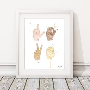 Love Sign Language Print, ASL Love Art, Skin Tones Art Print ...