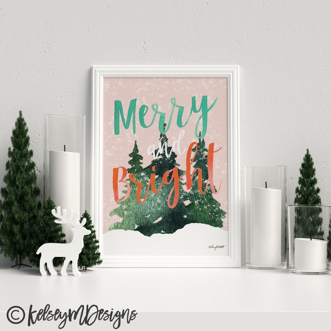 Merry and Bright Watercolor Painting Art, Seasonal Home Decor ...