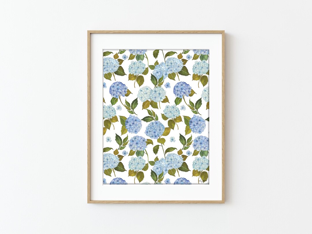 Blue Hydrangea Pattern Wall Art, Watercolor Hydrangea Floral Art Print ...