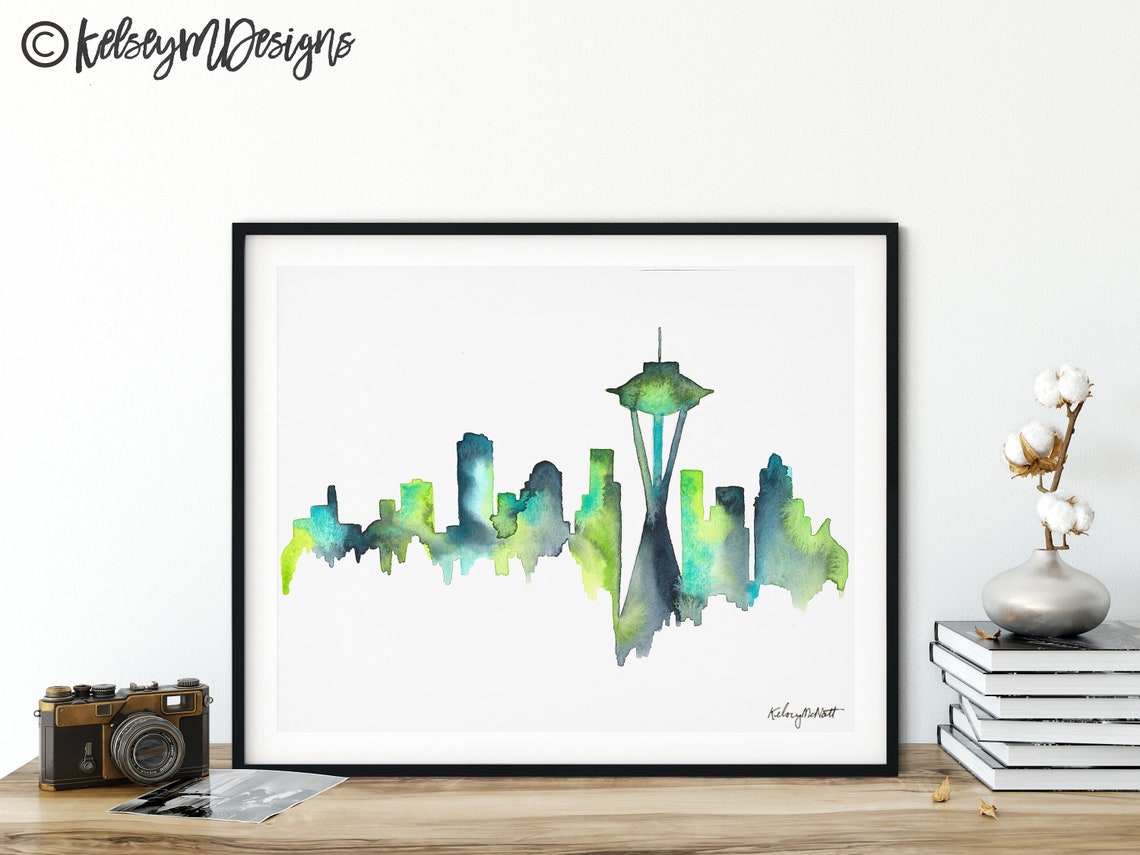 Seattle Skyline Print Watercolor Painting Seattle City - Etsy