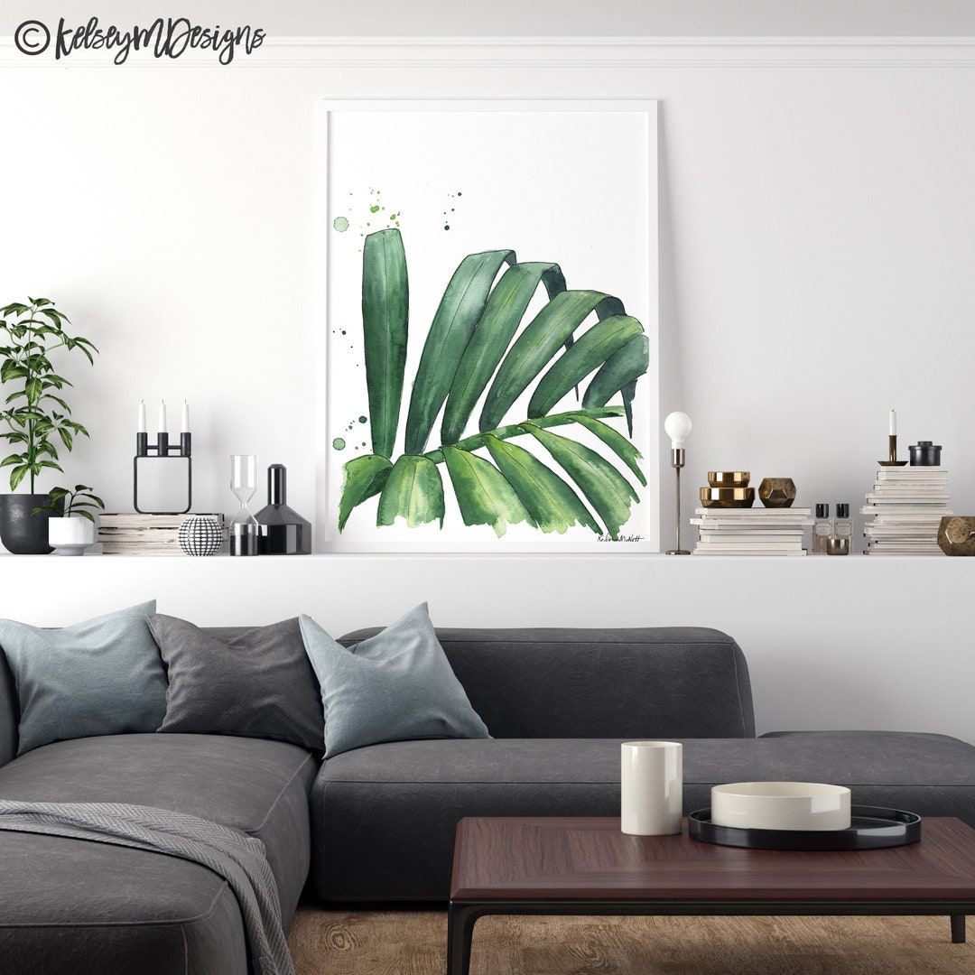 Palm Tree Leaf Print Watercolor Painting, Green Leaves Botanical Home ...