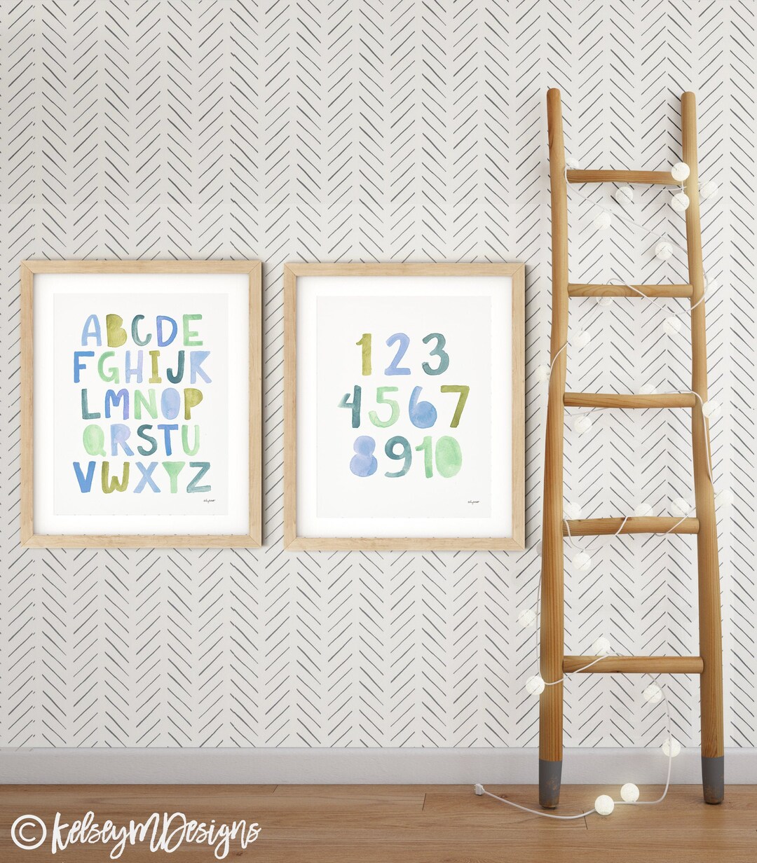 Set of 2 Alphabet Numbers Prints, ABC 123 Print Set, Kids Bedroom Decor ...