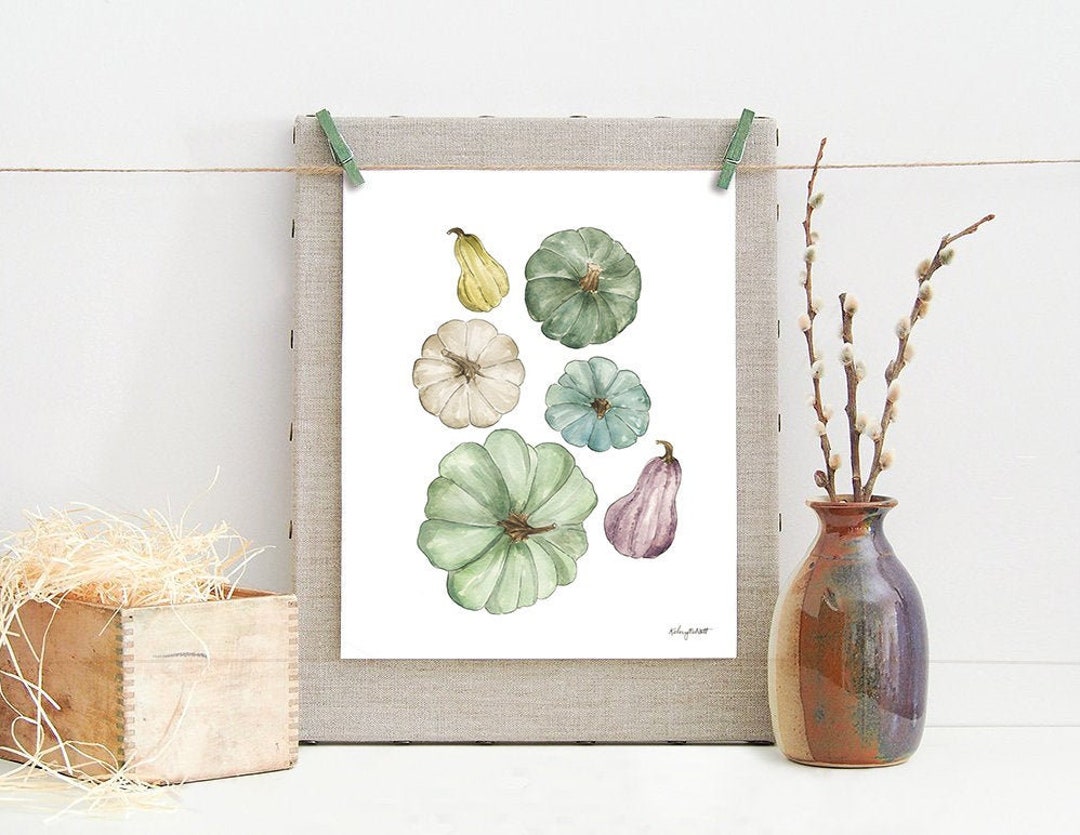 Pumpkins Gourds Wall Art, Watercolor Painting, Pumpkin Art Print, Fall ...