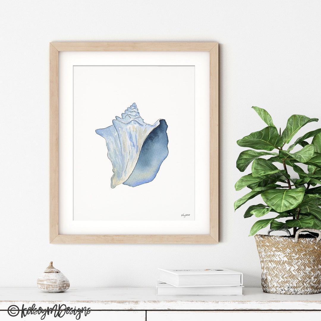 Blue Conch Shell Wall Art, Colorful Beach Surf Art, Watercolor Painting ...
