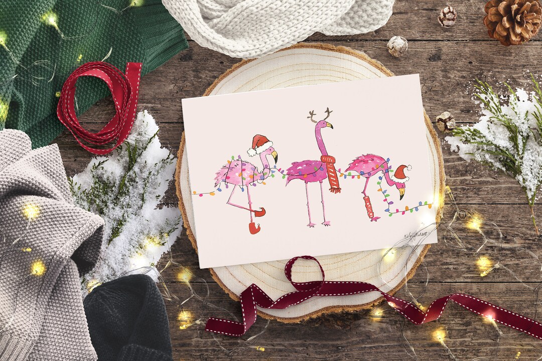 DIGITAL DOWNLOAD Holiday Flamingos, Watercolor Painting, Flamingos ...