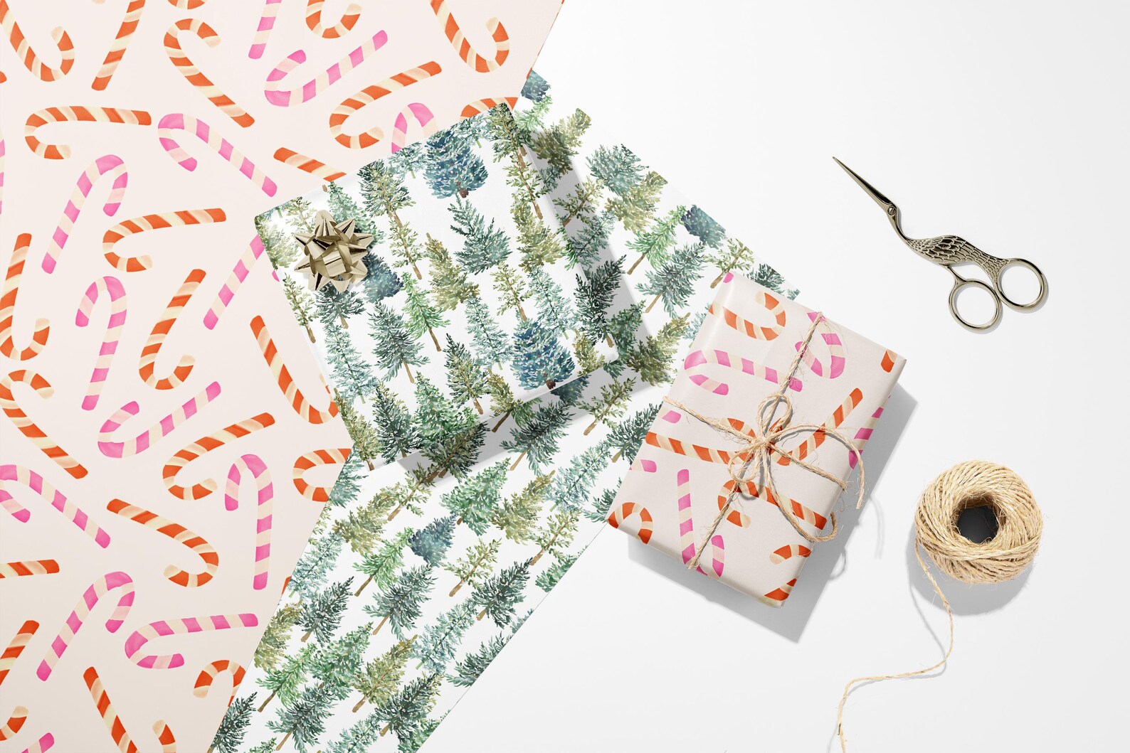 Christmas Wrapping Paper - Set of 3 Sheets, Evergreen Christmas Trees ...