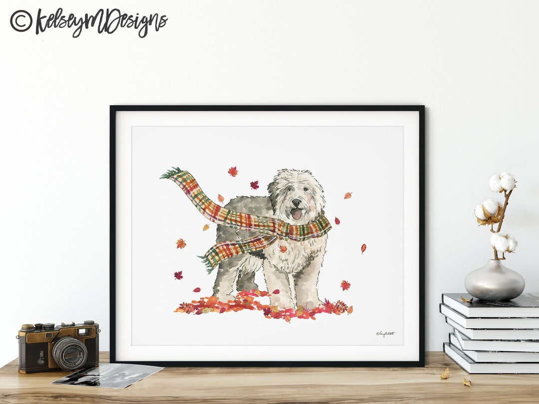 Fall Dog Wall Art, Old English Sheepdog Art Print, Autumn Home Decor ...