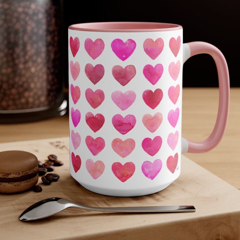 Valentine's Pink and Red Heart Mug, Valentines Day Coffee Mug, 15 Oz ...