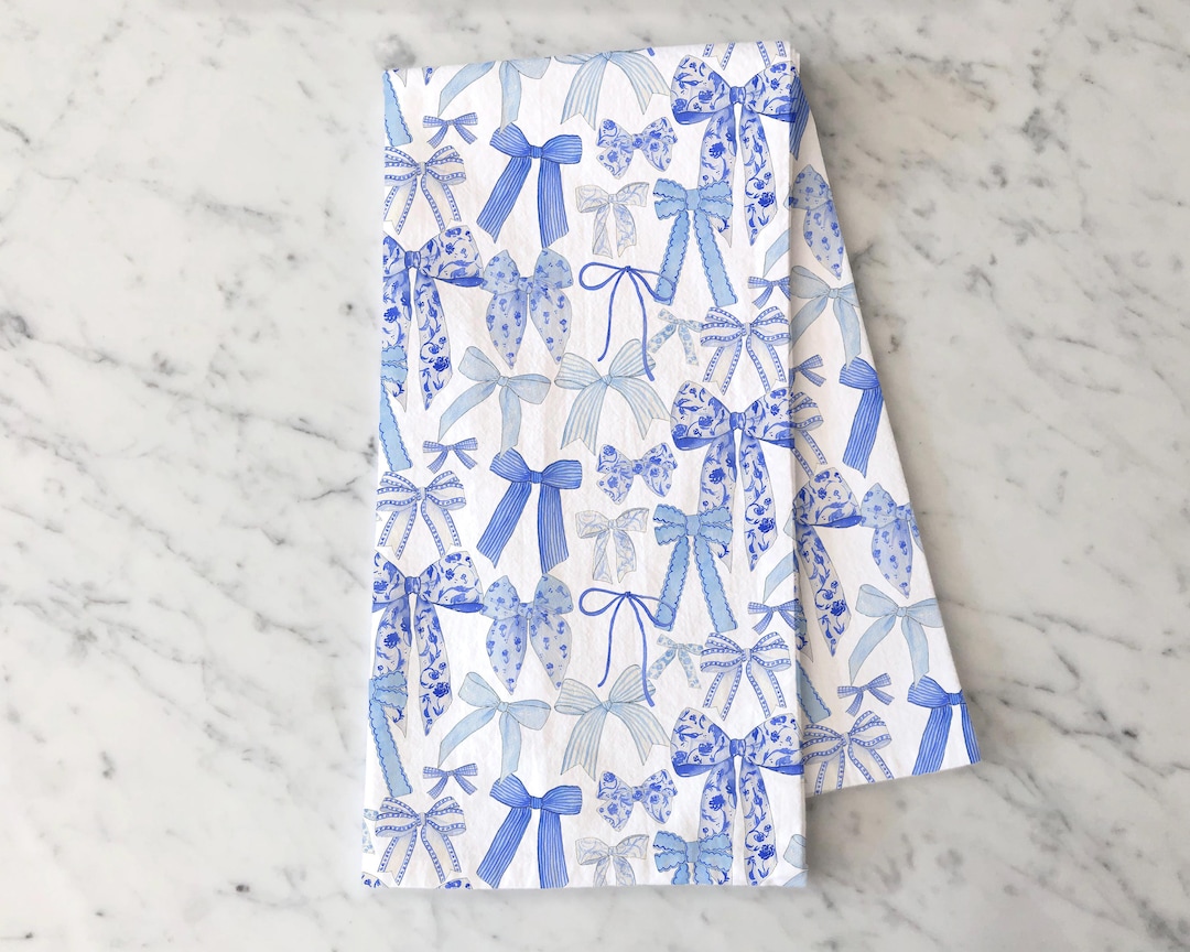 Blue Bow Tea Towel, Chinoiserie Bow Decor, Blue Striped Bows, Kitchen ...