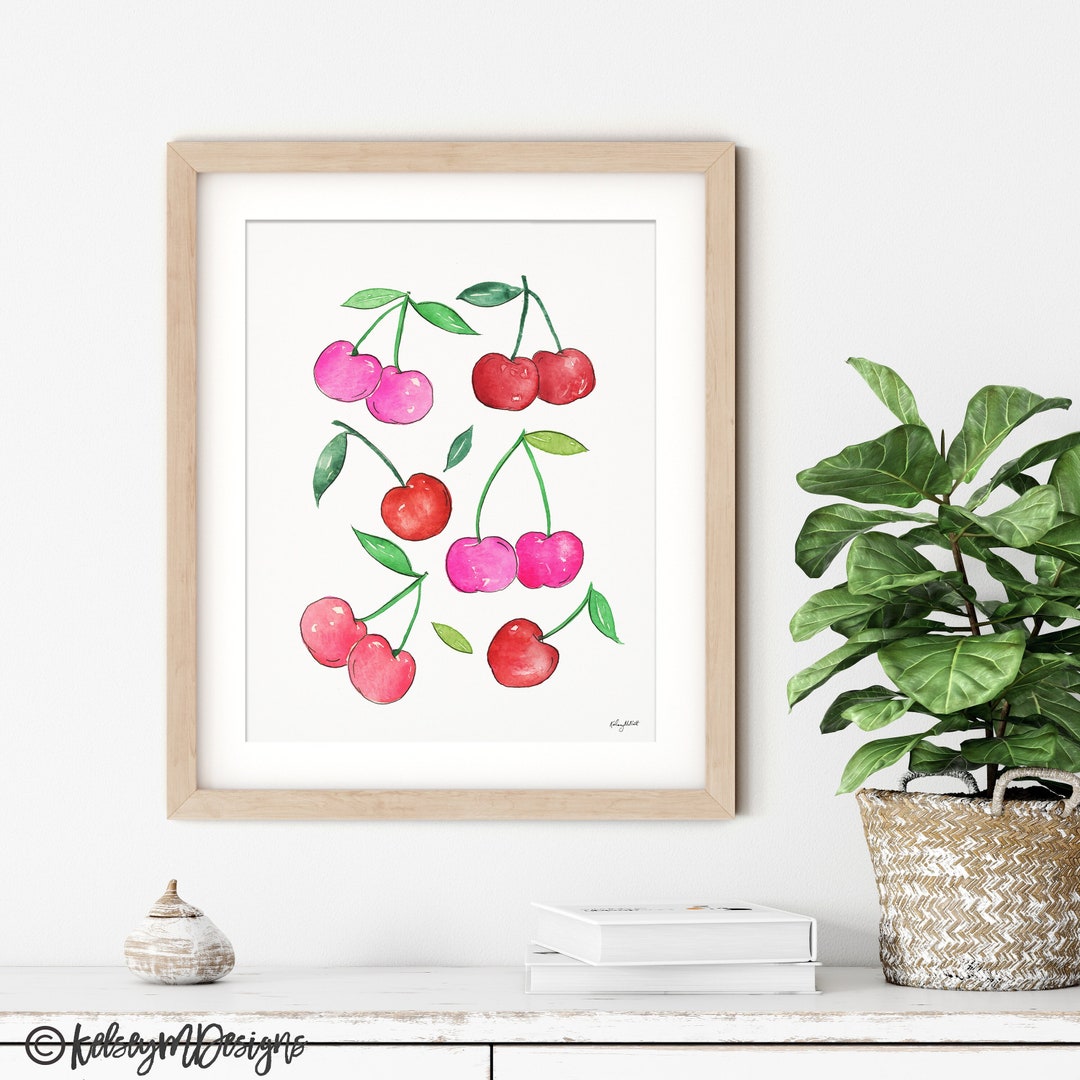 Cherries Wall Art, Pink Cherry Watercolor Bow Art, Fruit Kitchen Wall ...
