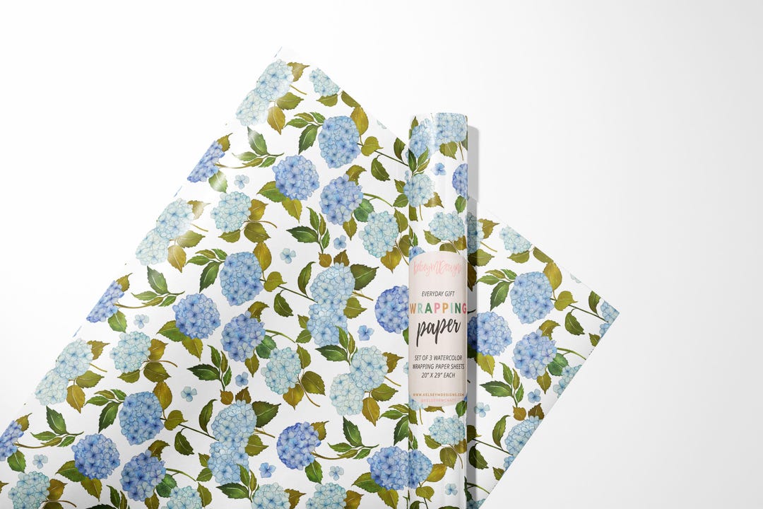 Blue Hydrangeas Wrapping Paper Set of 3 Sheets, Hydrangea Flower Gift ...