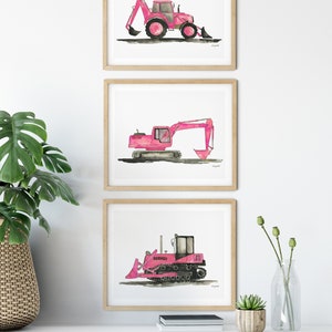 Set of 3 Pink Construction Vehicle Prints, Kids Gallery Wall Art, Girl ...