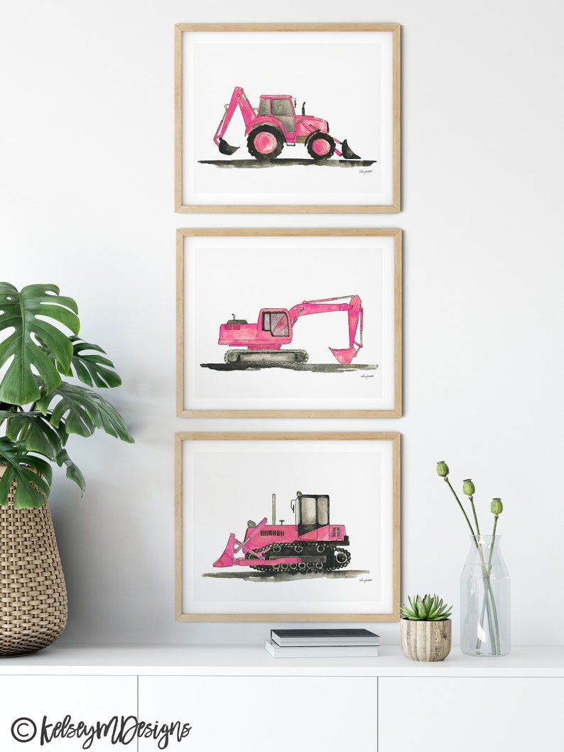 Set of 3 Pink Construction Vehicle Prints Kids Gallery Wall - Etsy