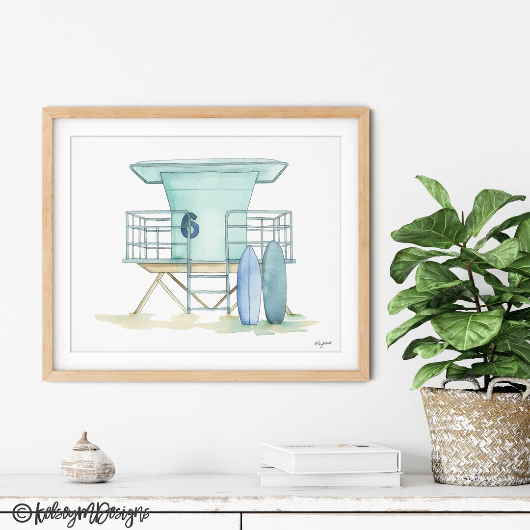 Lifeguard Tower Wall Art, Colorful Beach Surf Art, Watercolor Painting ...