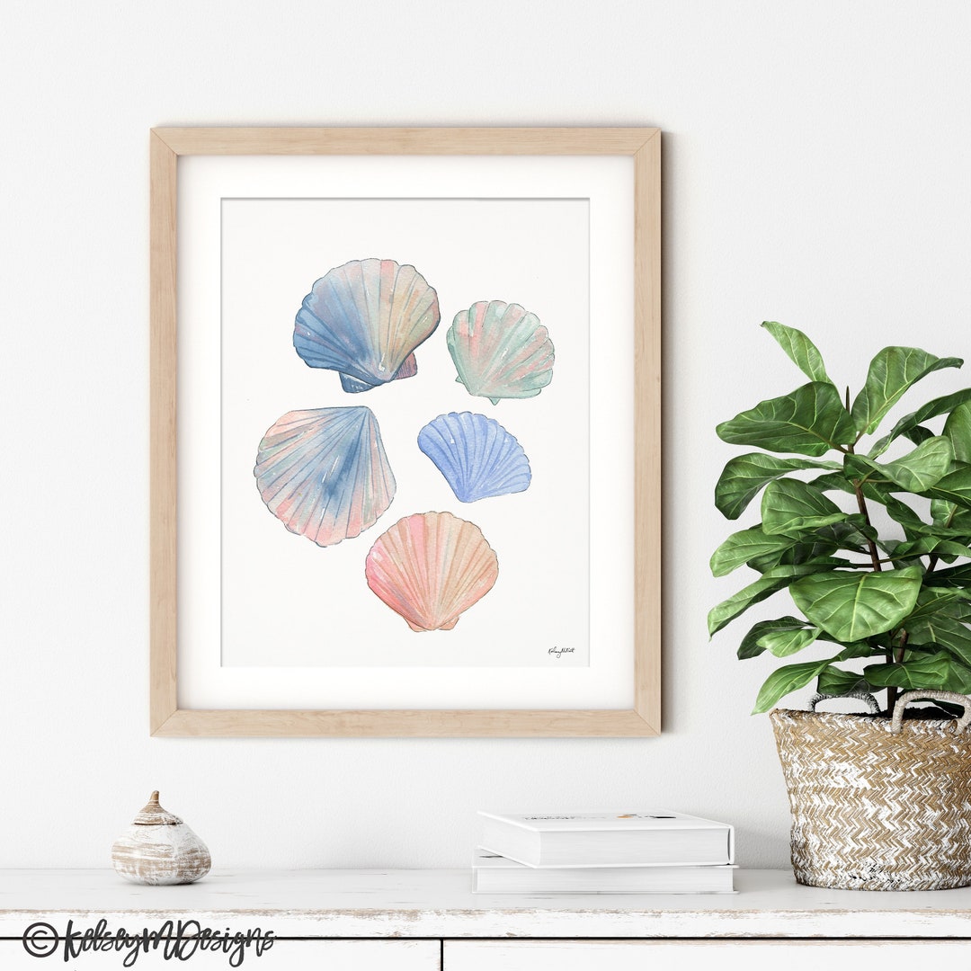 Seashells Wall Art, Colorful Beach Surf Art, Watercolor Painting ...