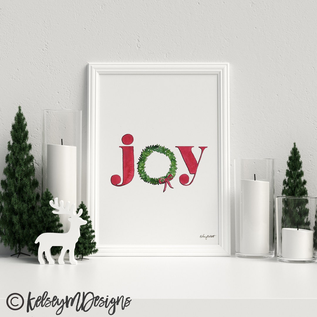 Joy Christmas Wreath Print, Holiday Decor, Joy Christmas Art Print ...