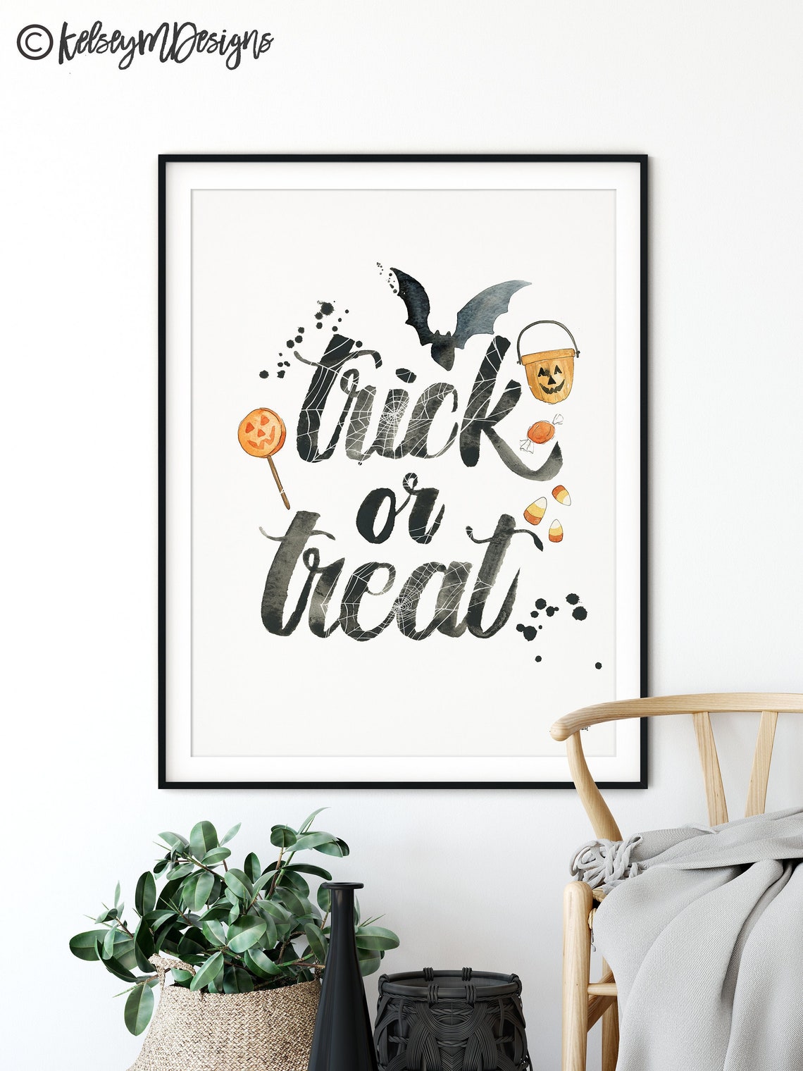 Black Trick or Treat Wall Art, Halloween Pumpkin Art Print, Watercolor ...