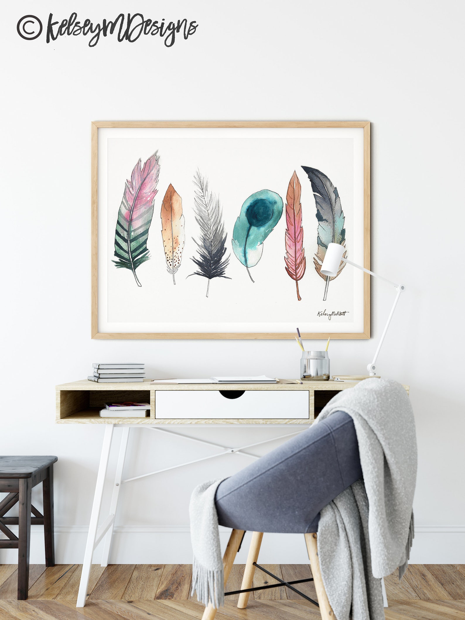 Colorful Feathers Wall Art Watercolor Painting Feather Wall - Etsy