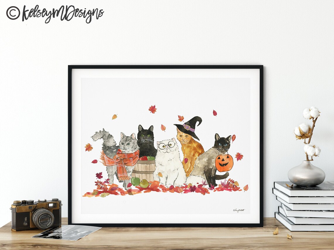 Halloween Cats Wall Art Cat Costume Fall Home Decor Fall | Etsy