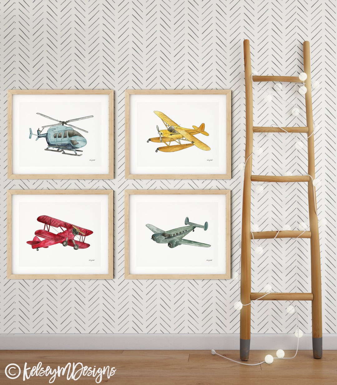 Set of 4 Airplane Art Prints, Kids Room Wall Art, Aviation Plane ...
