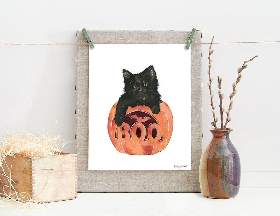 Halloween Black Cat Art Print Boo Wall Art Fall Home Decor - Etsy