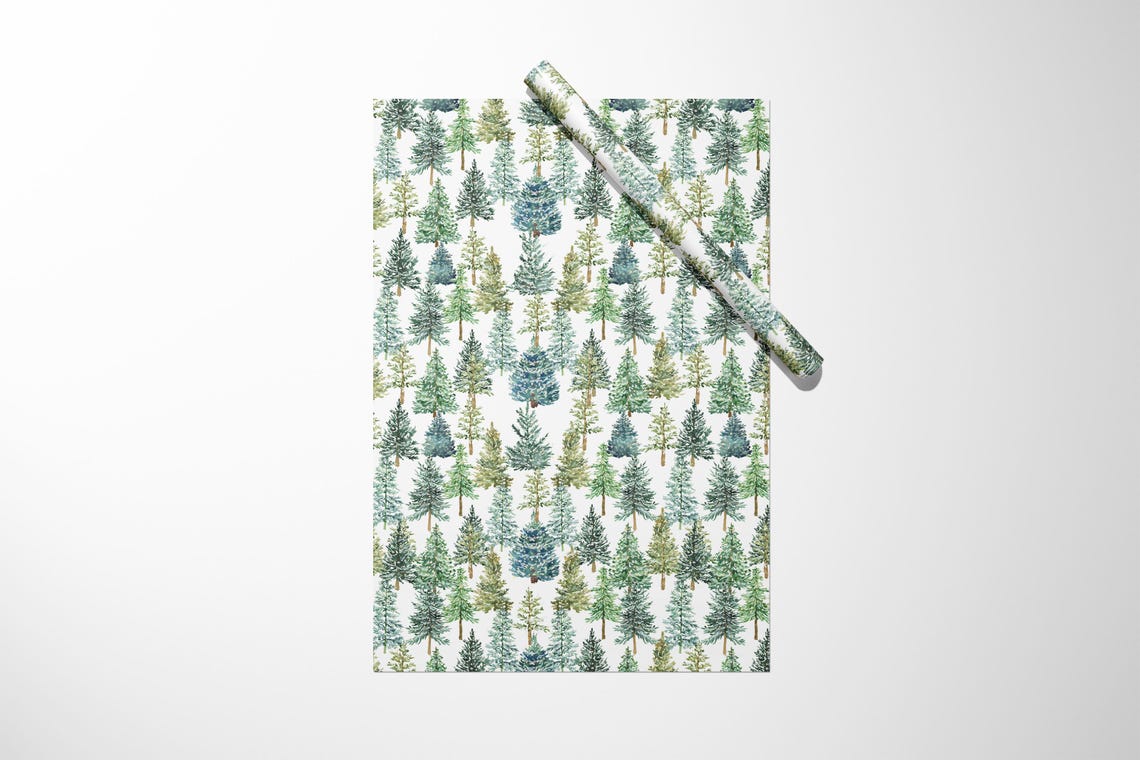 Christmas Wrapping Paper - Set of 3 Sheets, Evergreen Christmas Trees ...