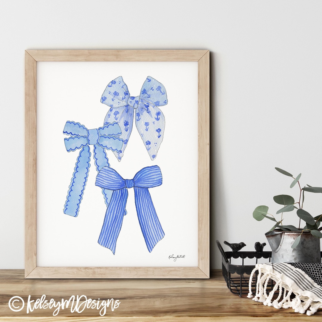 Blue Bow Wall Art, Chinoiserie Bow Watercolor Art, Coquette Decor, Blue ...