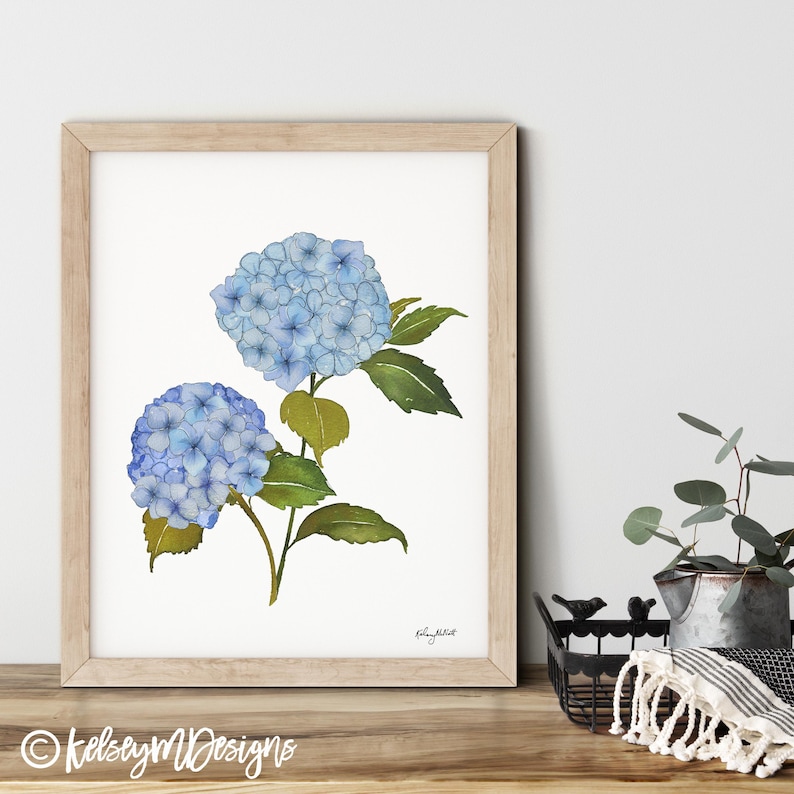 Blue Hydrangea Floral Art Print, Watercolor Hydrangea Wall Art ...