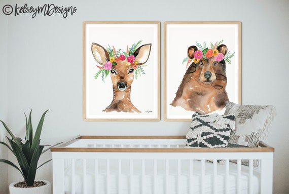 Set of 2 Animal Flower Crown Prints Nursery Animal Prints - Etsy