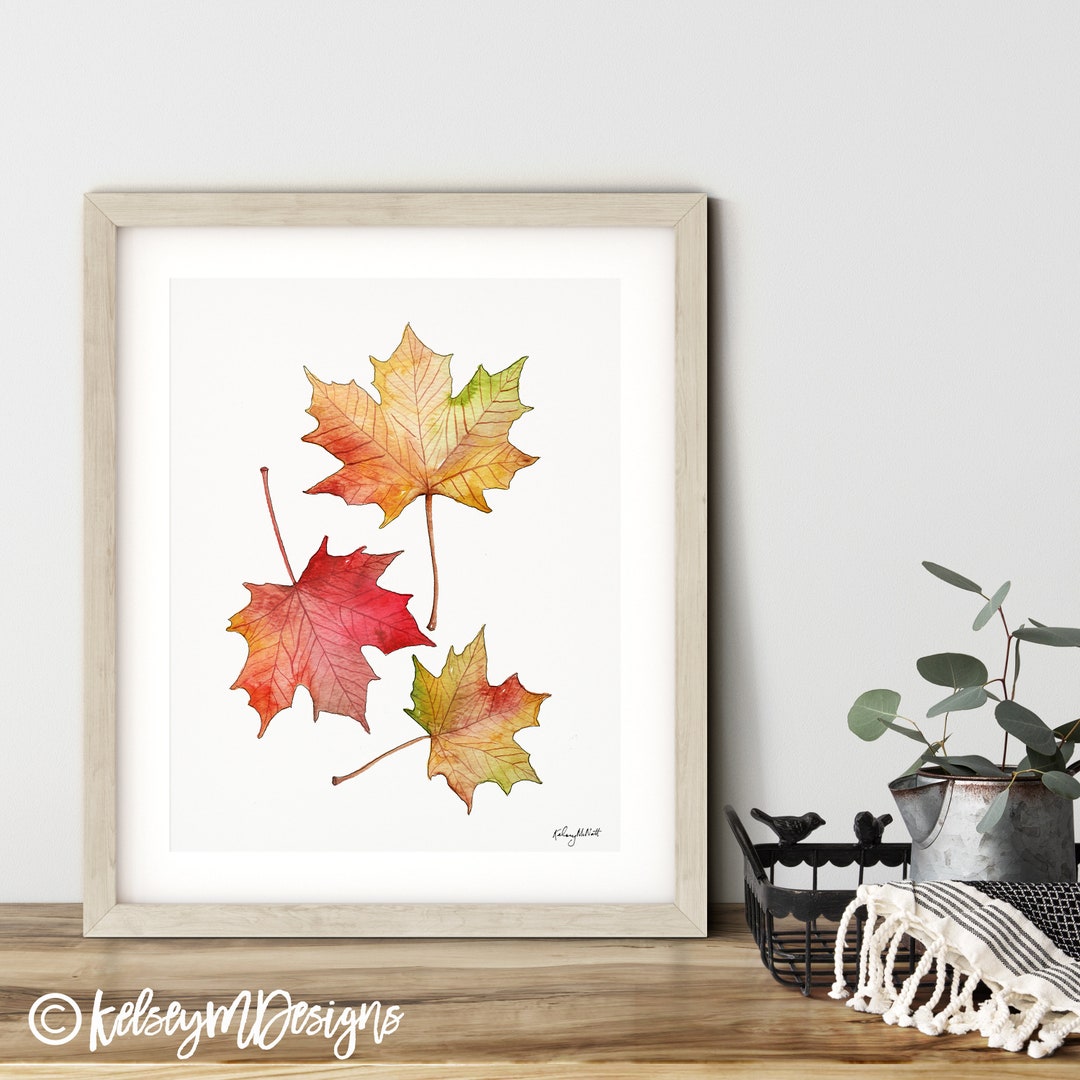 Maple Leaf Wall Art, Fall Art Print, Autumn Leaves, Watercolor Painting ...