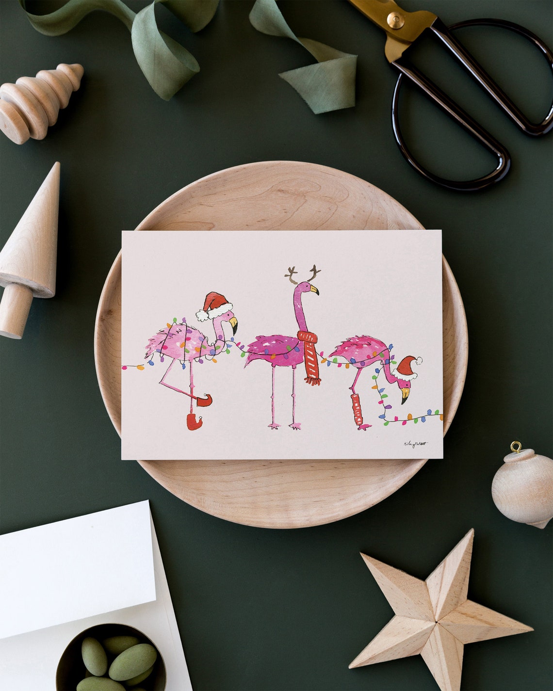 Holiday Flamingos, Watercolor Painting, Seasonal Decor, Christmas Art ...