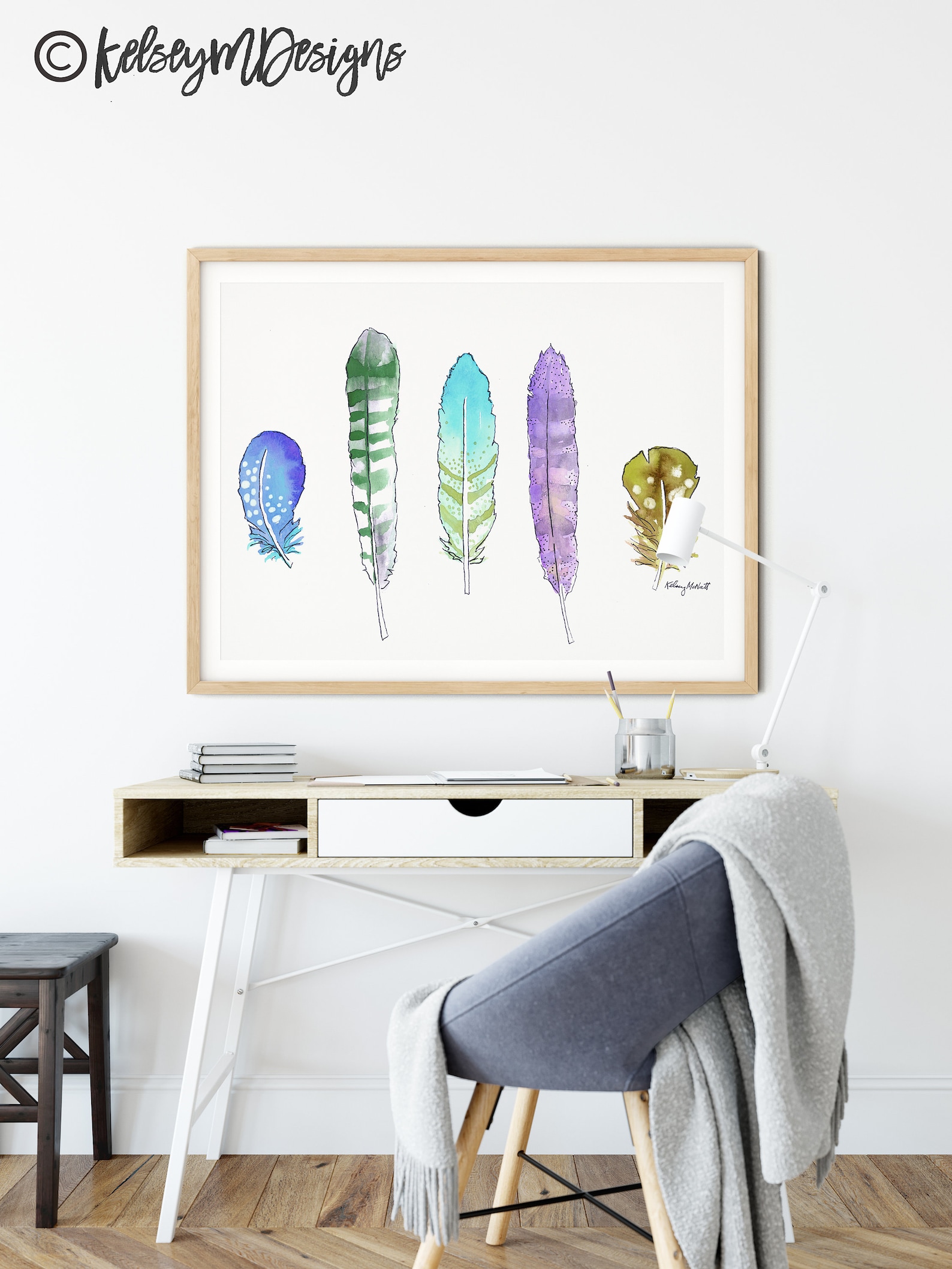 Colorful Feather Wall Art, Watercolor Painting, Feather Decor, Feather ...