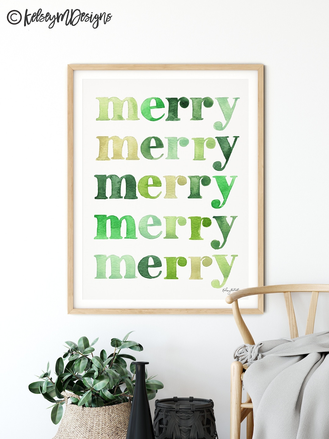 Merry Merry Holiday Art Print, Watercolor Painting, Green Christmas Art ...